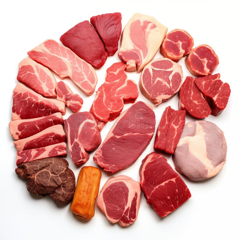 Assorted Raw Cuts of Fresh Meat Including Beef and Pork Displayed in a ...