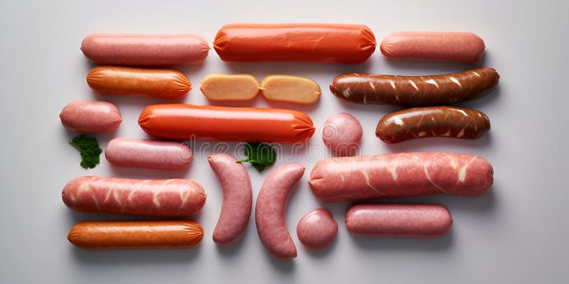 Assorted Raw Homemade Sausages on Gray Background. Flat Lay, Top View ...