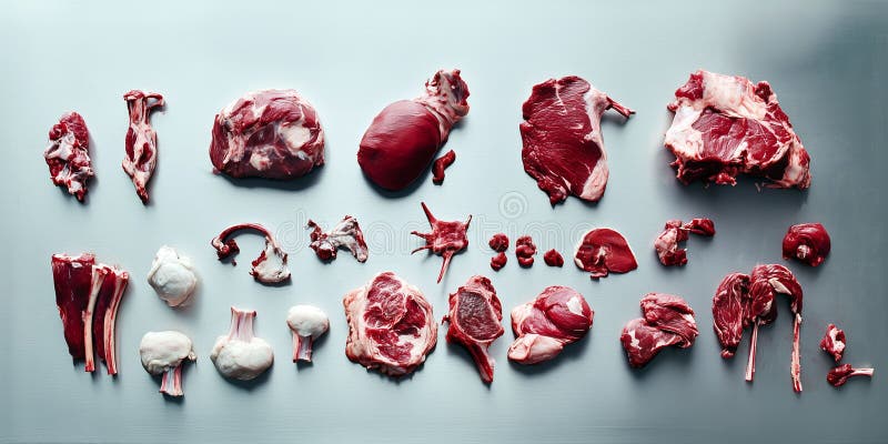 Assorted Raw Lamb Cuts and Offal Pieces Arranged on Light Blue ...