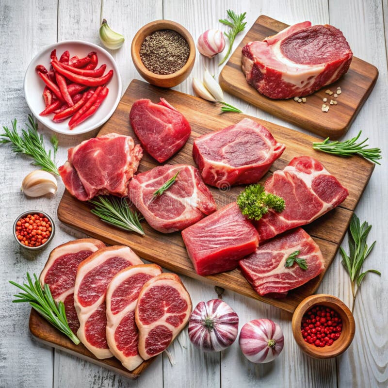 Assorted Raw Meat Cuts on Wooden Board Stock Illustration ...