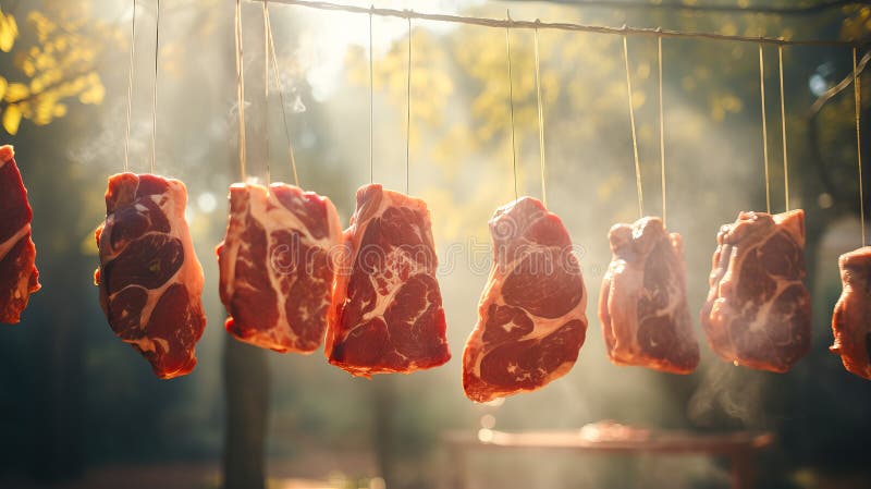 Assorted Raw Meat on Metal Hooks Stock Image - Image of background ...