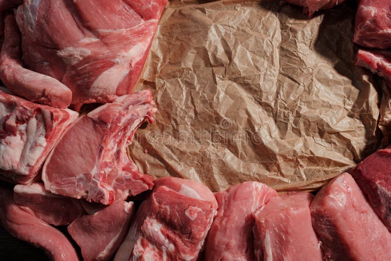 Assorted Raw Meat on a Paper Background. Mock-up Stock Image - Image of ...