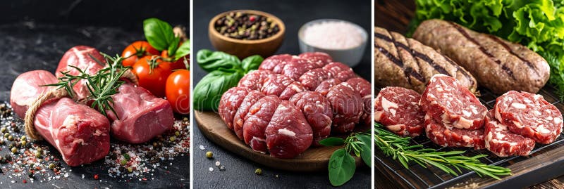 Assorted Raw Meat Products Collage with White Line Divisions ...