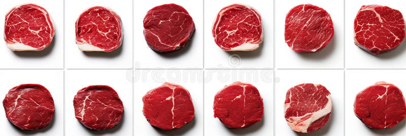 Assorted Raw Meat Products Divided with White Vertical Lines in Collage ...