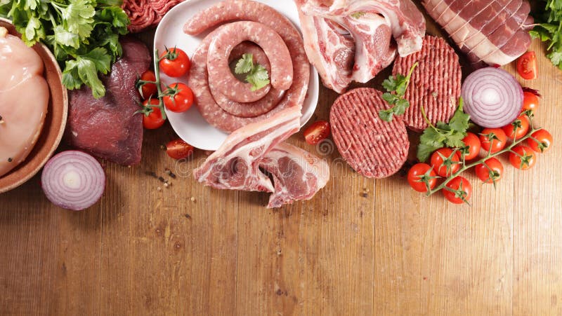 Raw Meats on White Background- Roast Beef, Sausage, Minced Beef ...