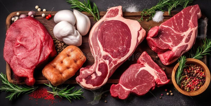 Assorted Raw Meats - Beef, Pork, Lamb, and Chicken - Set Against a ...