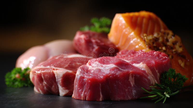 Assorted Raw Meats Including Beef, Chicken, and Salmon Fillets ...