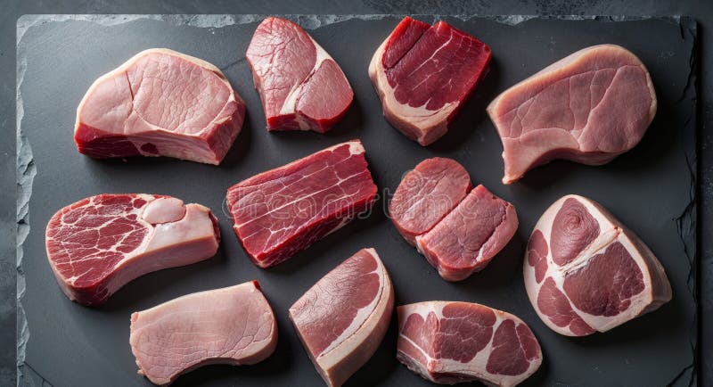 Assorted Raw Pork Cuts on Slate Background Stock Photo - Image of steak ...