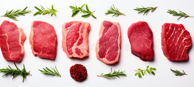 Assorted Raw Steaks Set, Top View of Different Cuts of Meat, Isolated ...