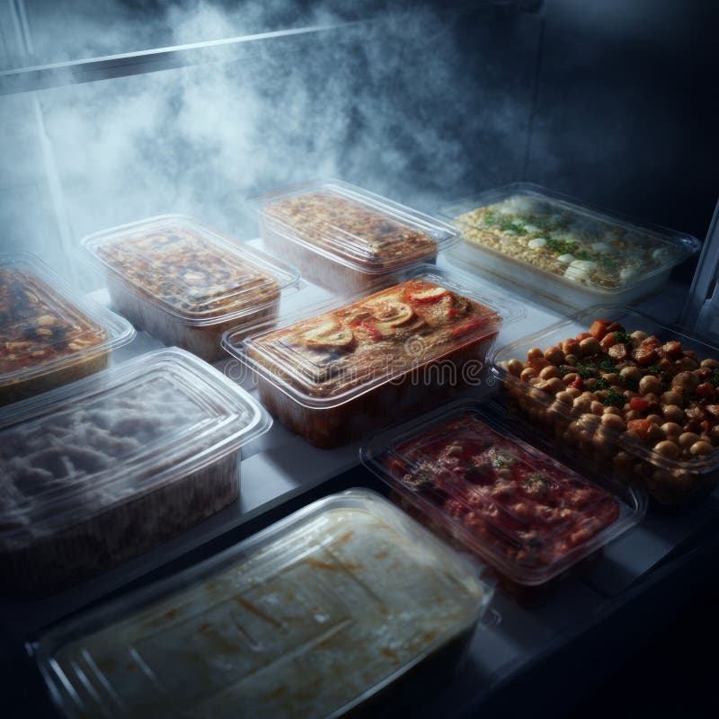 Assorted Ready-made Meals in Plastic Containers in Cool Foggy Display ...