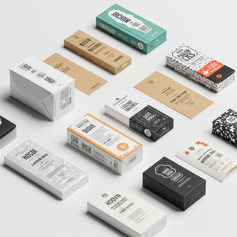 Assorted Rectangular Cardboard Packages and Small Paper Cards Arranged ...