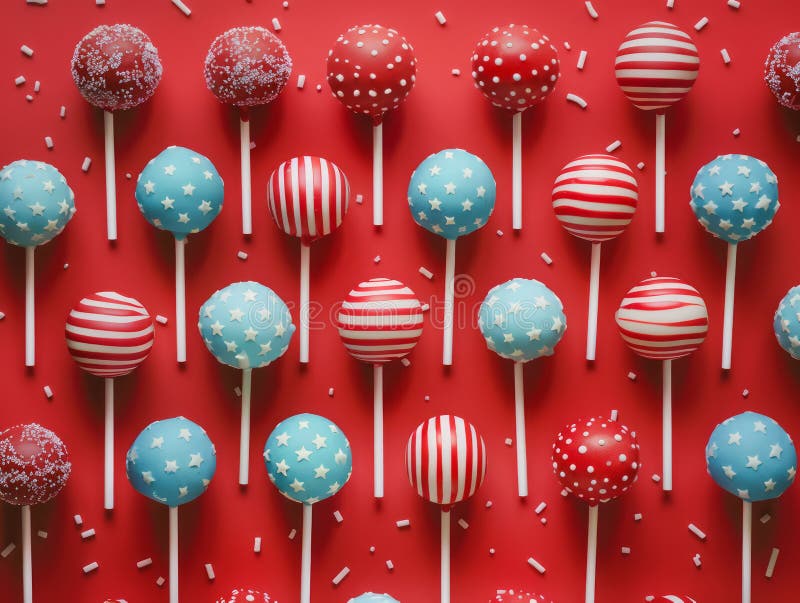 Assorted Red and Blue Lollipops with Sprinkles on a Vibrant Red ...