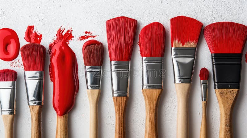 Assorted Red Paint Brushes on White Background Displaying Artistry and ...