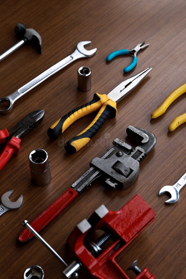 Assorted Red Tool Set, Screwdriver, Pliers, Saw Stock Photo - Image of ...