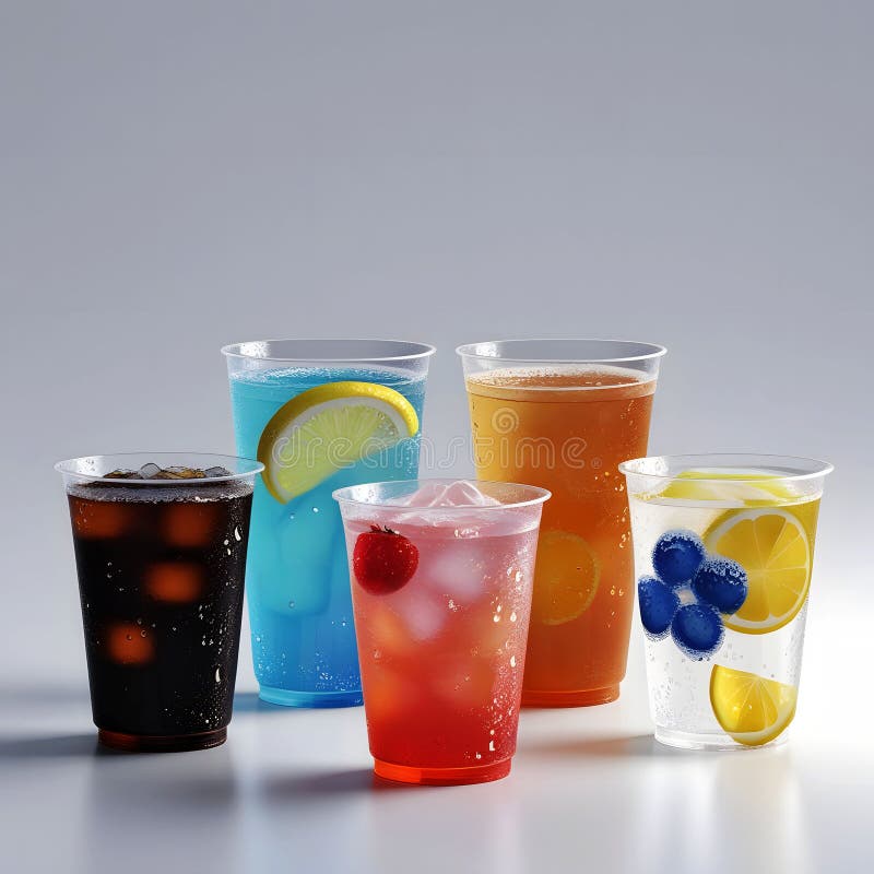 Assorted Refreshing Drinks in Plastic Cups Stock Illustration ...