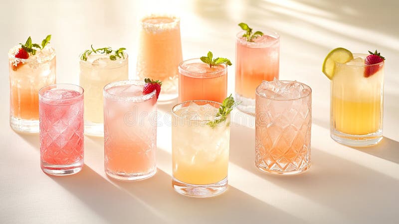 Assorted Refreshing Summer Cocktails with Fresh Fruit Garnishes Stock ...