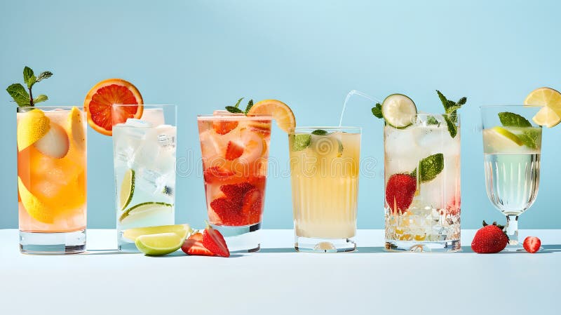 Colorful Array of Summer Drinks on Light Blue Background, Refreshing ...