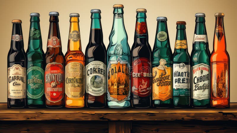 Assorted Retro-style Beer Bottles Lined Up on a Wooden Surface Stock ...