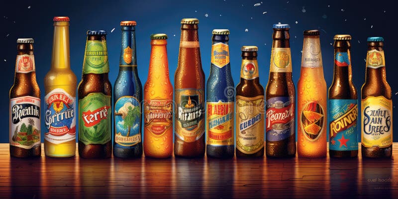 Assorted Retro-style Beer Bottles Lined Up on a Wooden Surface Stock ...