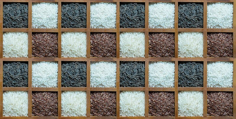 Assorted Rice Black and Red Pattern Stacked in Wooden Section Box Stock ...