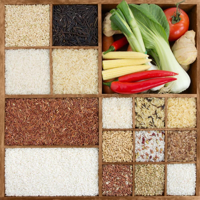 Assorted Rice in Rustic Wooden Box Stock Image - Image of seed ...
