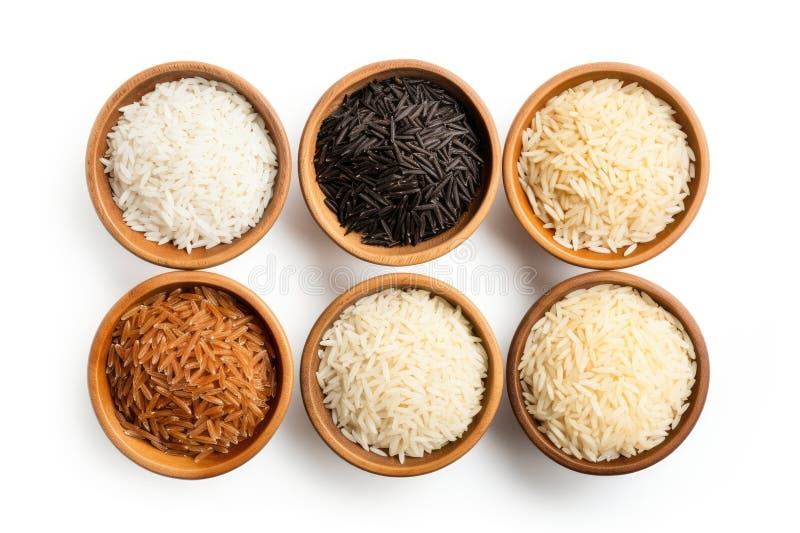 Different Types of Rice in Six Clay Bowls Isolated on White Background ...