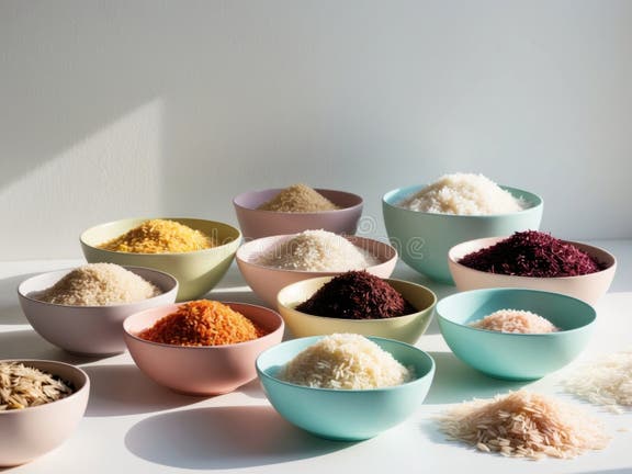 Assorted Rice Varieties in Colorful Bowls. Stock Photo - Image of ...