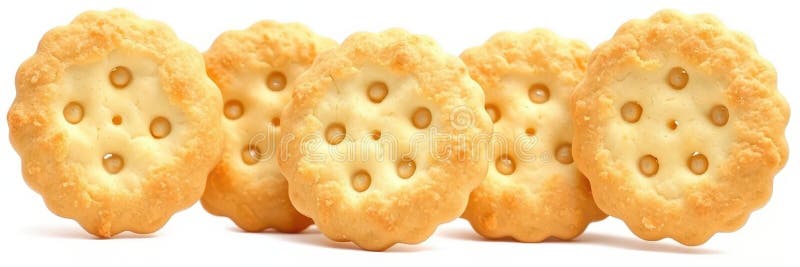 Assorted Round Crackers Arranged in a Line on a White Background Ready ...