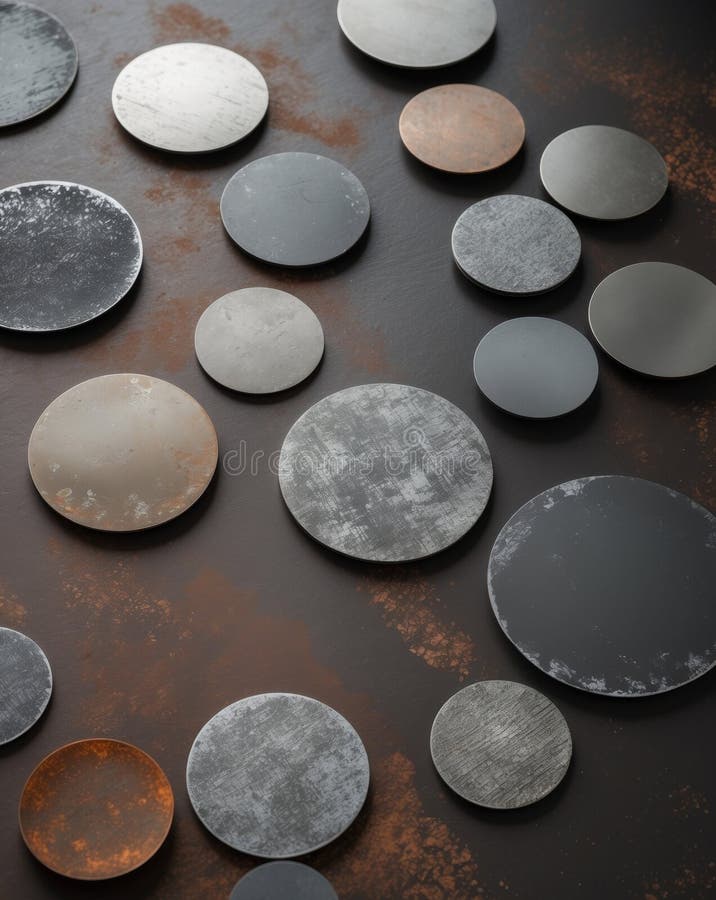 Assorted Round Metal Discs with Various Textures and Finishes Arranged ...