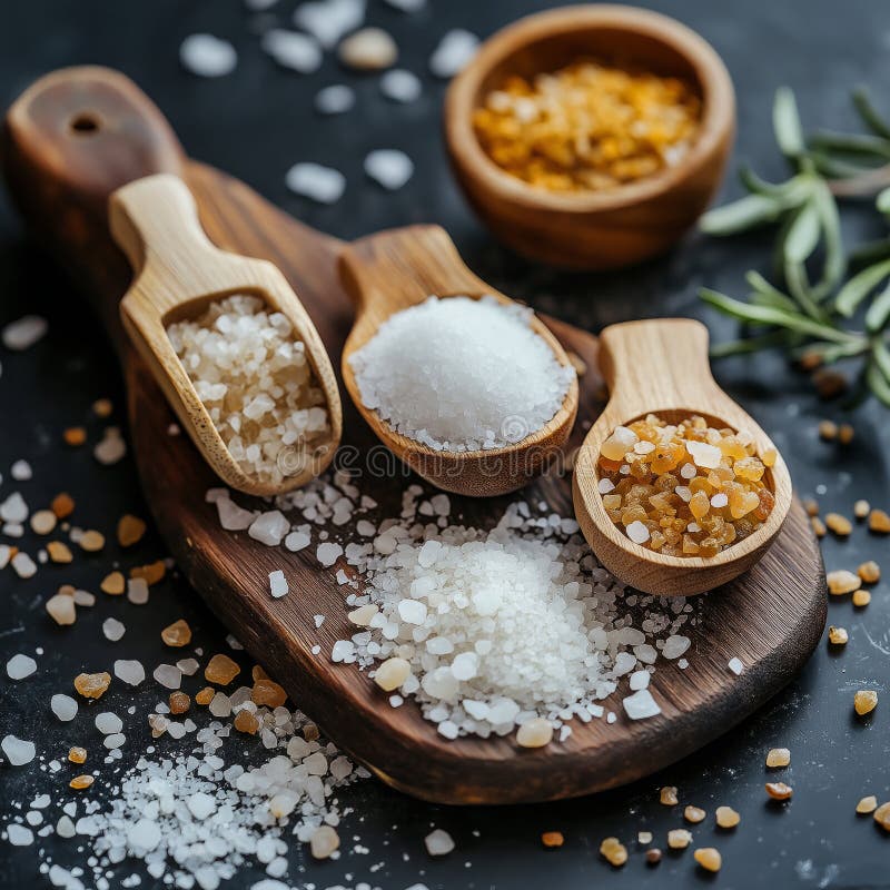 Assorted Salt Varieties on Wooden Board with Herbs and Grains Stock ...