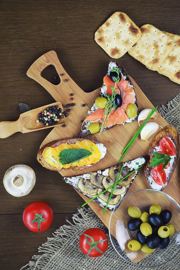 Assorted Sandwiches with Different Fillings, Fish Mushrooms and Stock ...