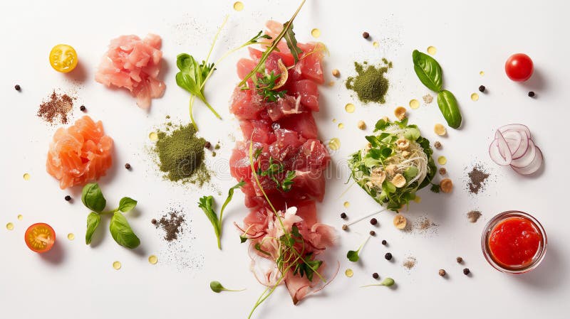 Assorted Sashimi and Garnishes Artistically Arranged on a White Surface ...
