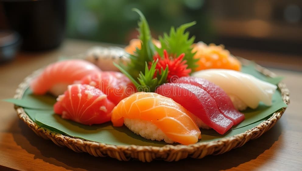 Assorted Sashimi Platter on Bamboo Leaf Stock Illustration ...