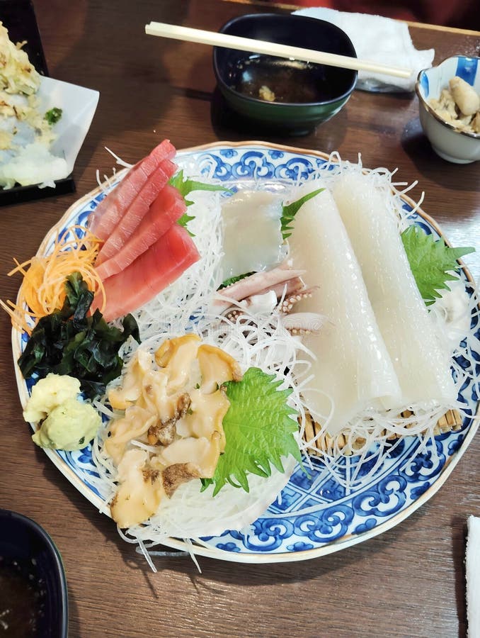 Assorted Sashimi Platter on Traditional Blue Porcelain Stock Image ...