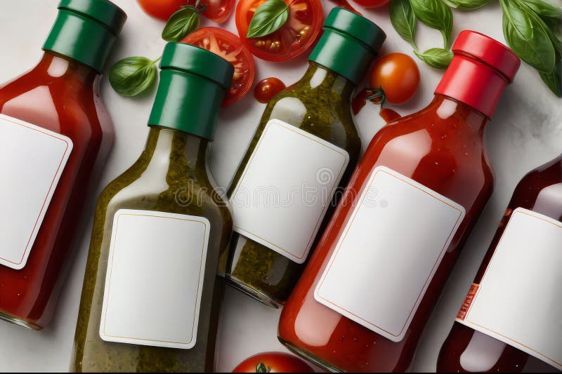 Assorted Sauce Bottles with Blank Labels Surrounded by Fresh Vegetables ...