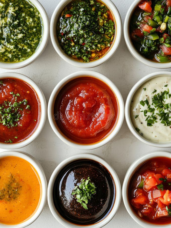 Assorted Sauces in Bowls, Vibrant and Flavorful Culinary Display. Stock ...