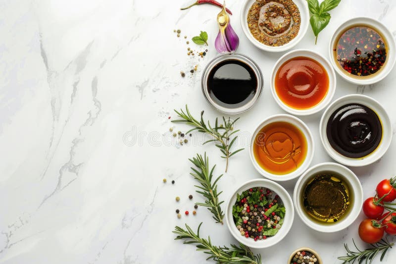 Assorted Sauces and Condiments Displayed on a Sleek Marble Surface ...