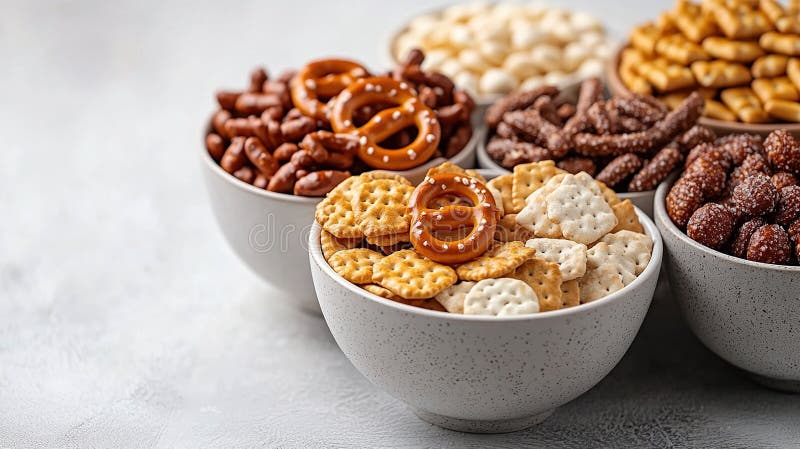 Assorted Savory Snacks in Bowls Pretzels, Crackers, and Crunchy Bites ...