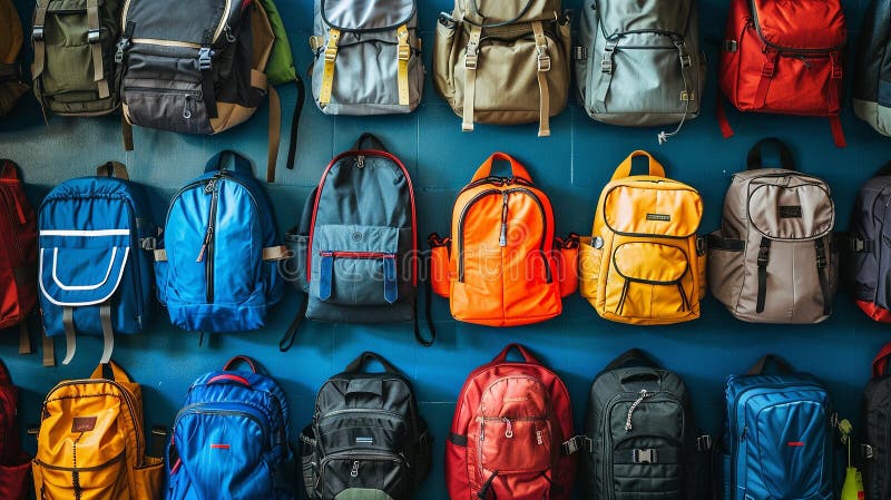 Assorted School Backpacks on Wall Stock Photo - Image of storage, wall ...