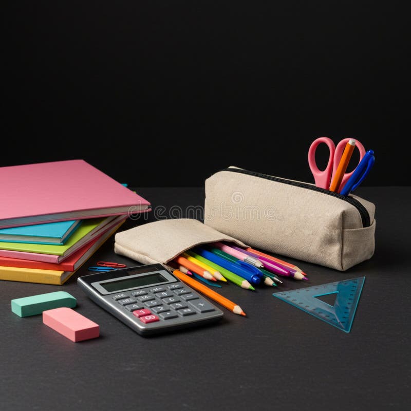 Assorted School Supplies Arranged on a Dark Surface. a Stack of ...