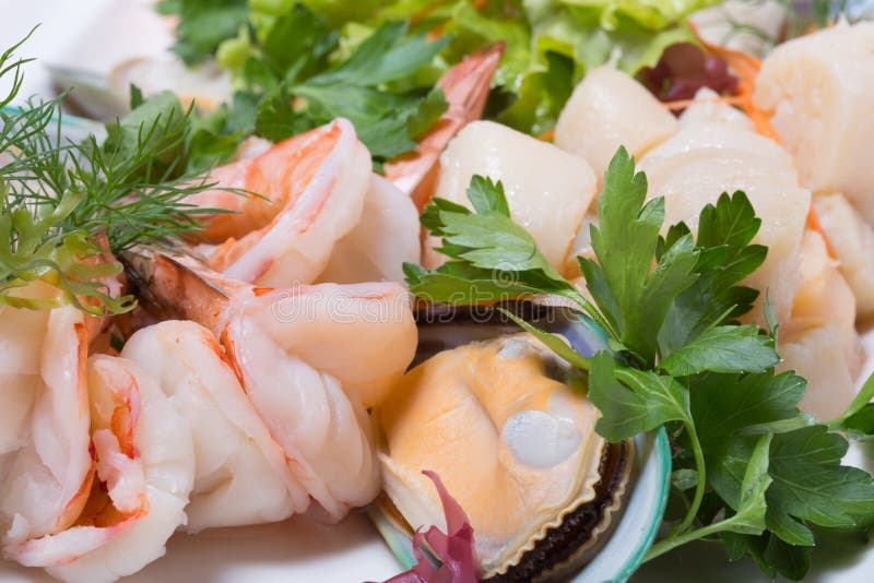 Assorted Sea Scallops, Crab, Mussels, Tiger Shrimp. Stock Photo - Image ...