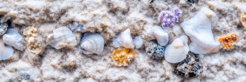 Assorted Sea Shells and Coral Pieces on Sandy Beach Surface with Ocean ...