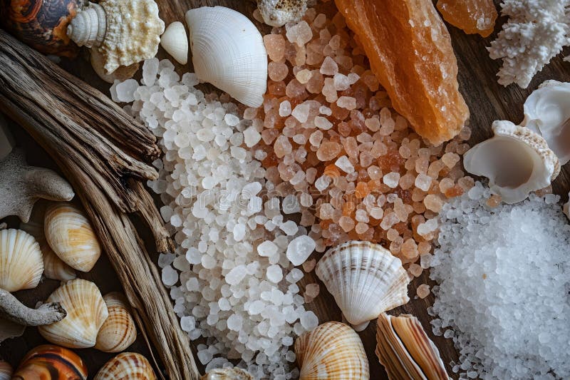 Assorted Sea Shells and Salt Crystals on Rustic Driftwood Display Stock ...