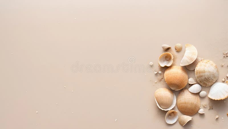 Assorted Sea Shells on Sandy Beach with Copy Space Stock Illustration ...