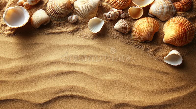 Assorted Sea Shells on Smooth Sandy Beach Creating Gentle Wave Patterns ...