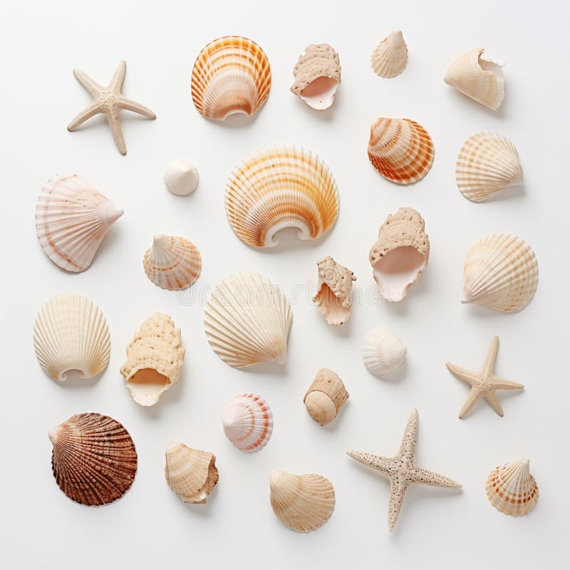 Assorted Sea Shells and Starfish on White Background Stock Illustration ...