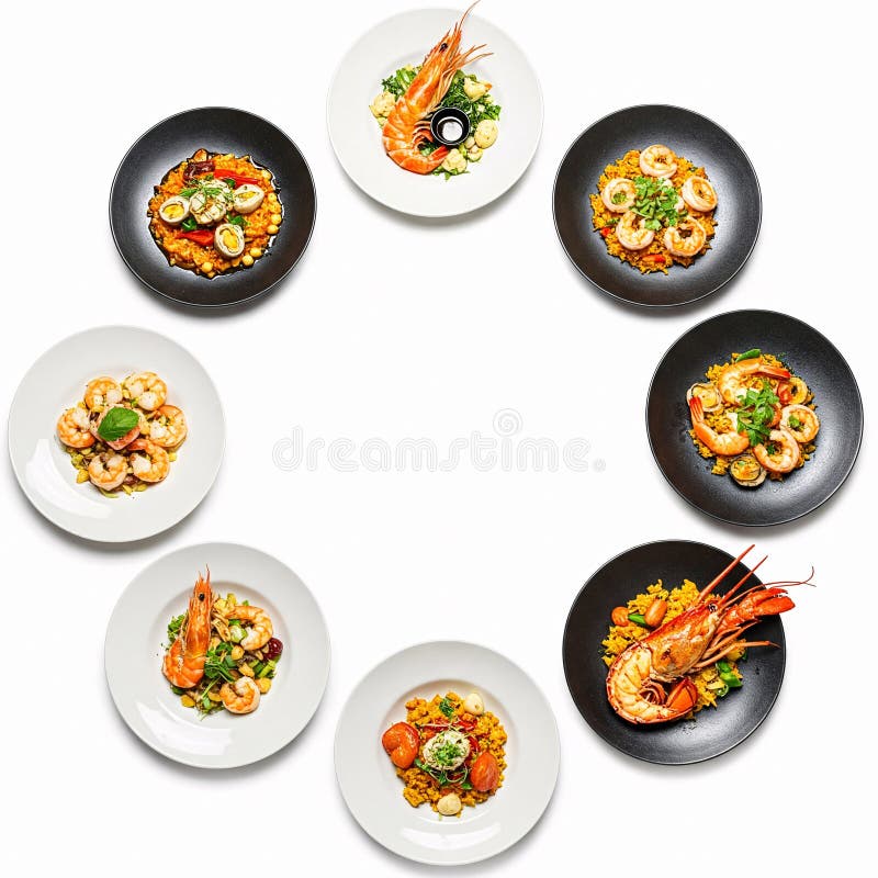 Seafood Dishes on a White Background. Shrimps, Prawns, Mussels ...