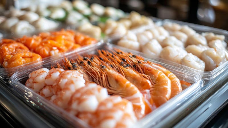 Assorted Seafood Display Fresh Shrimp Salmon Scallops Stock ...