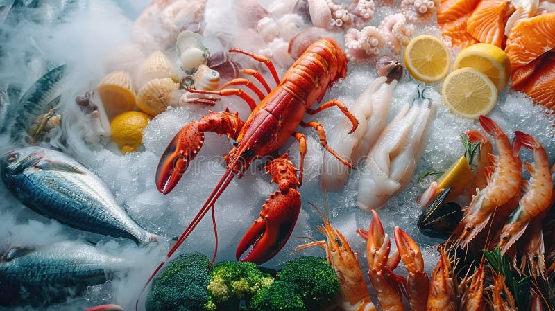 Assorted Seafood on Ice with Steam Stock Illustration - Illustration of ...
