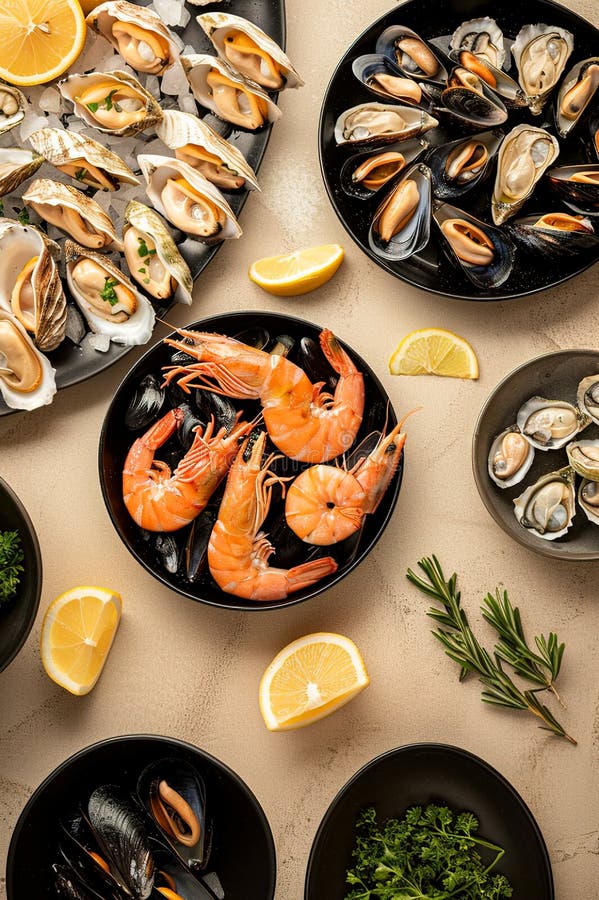 Assorted Seafood Platter with Shellfish and Lemon. Generated AI Stock ...